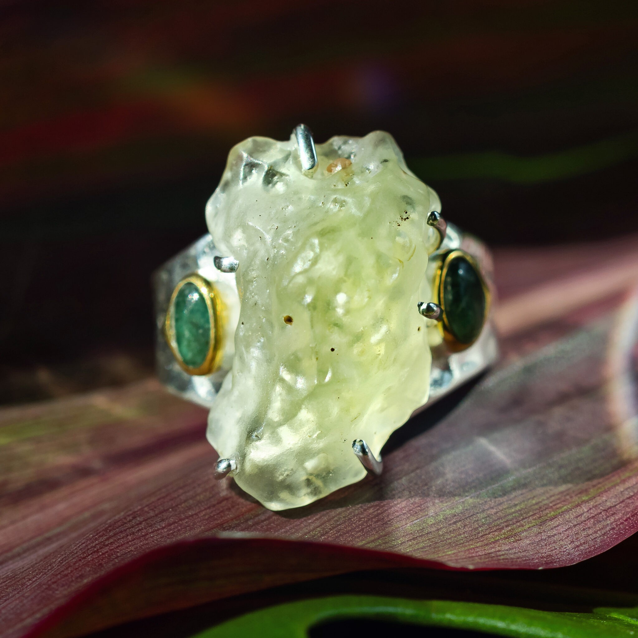 Libyan Gold Tektite & Emerald Ring for wisdom - Sage Goddess