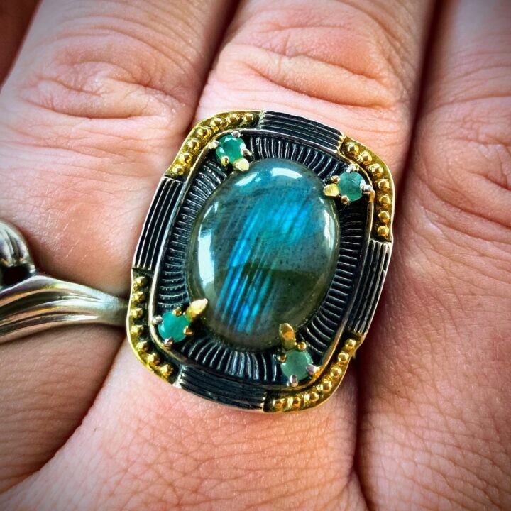 Sage Goddess Labradorite and Emerald Ring for heart-driven new beginnings